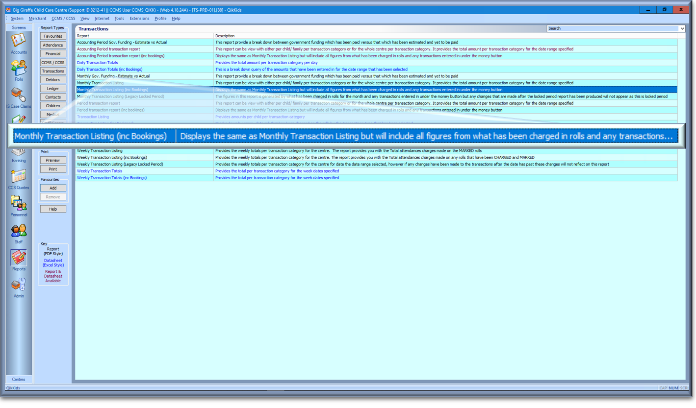 Monthly Transaction Listing (inc Bookings) Report